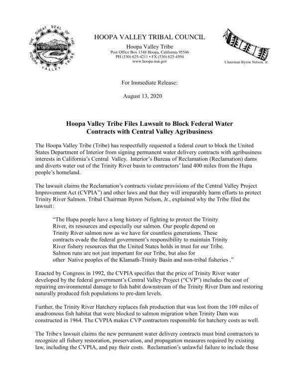 Hoopa Valley Tribe Files Lawsuit to Block Federal Water Contracts ...