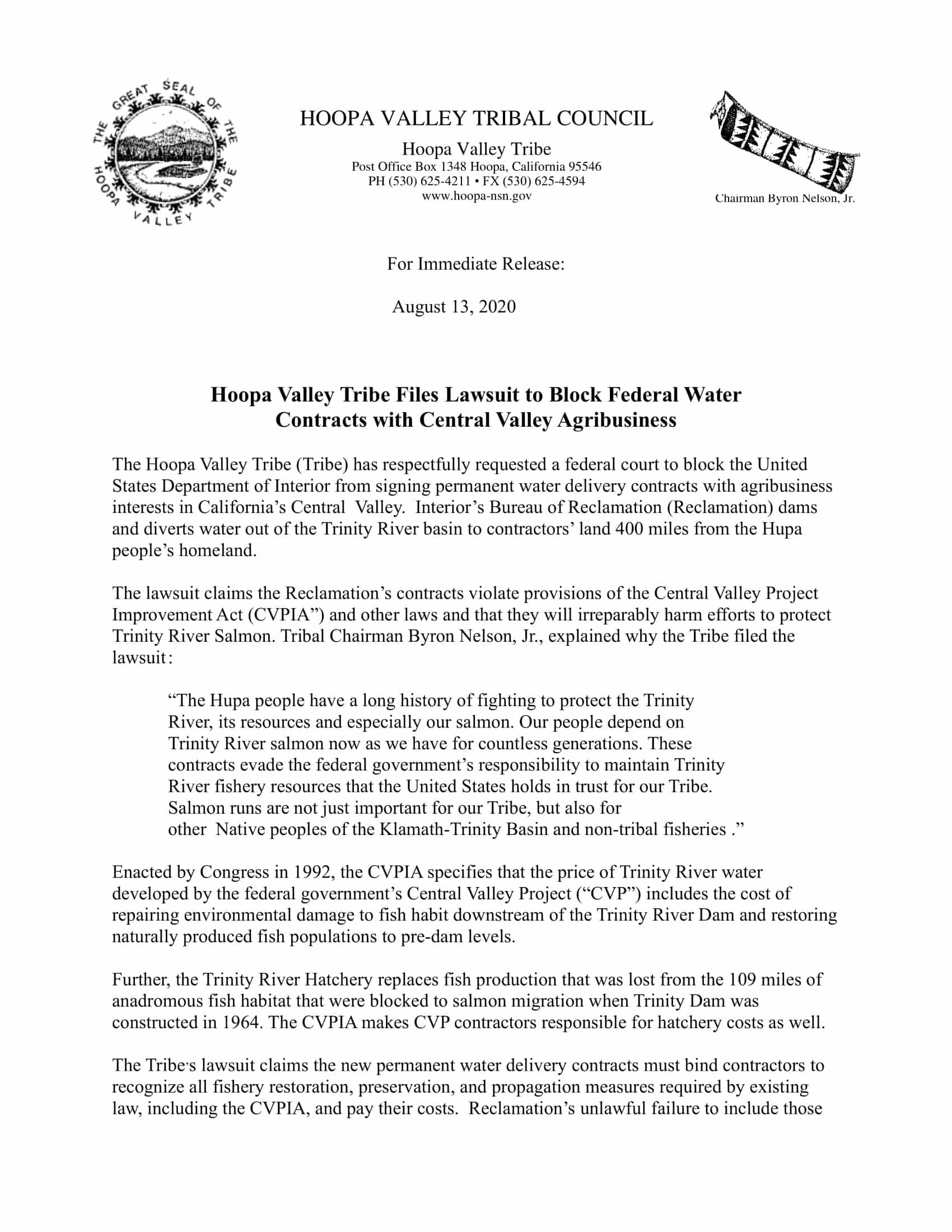 Hoopa Valley Tribe Files Lawsuit to Block Federal Water Contracts ... Hoopa Valley Tribe Files Lawsuit to Block Federal Water Contracts ...